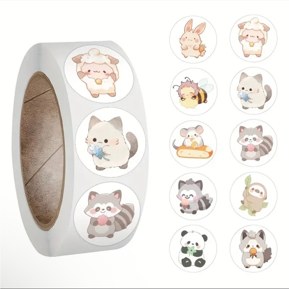 Office | Roll Of 50 Round Cute Animal Stickers Bunny Sheep Kitty Bee ...